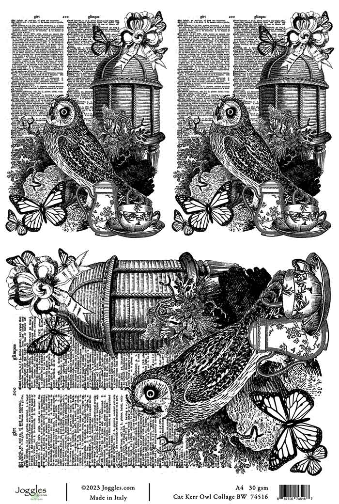 Joggles / Cat Kerr A4 Rice Paper - Owl Collage, Black & White [74516 ...