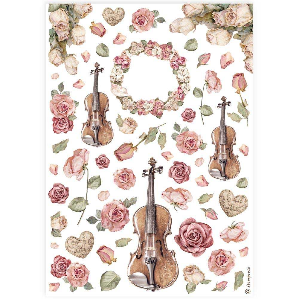 Stamperia A4 Rice Paper - Violins & Roses [DFSA4900] - Joggles.com