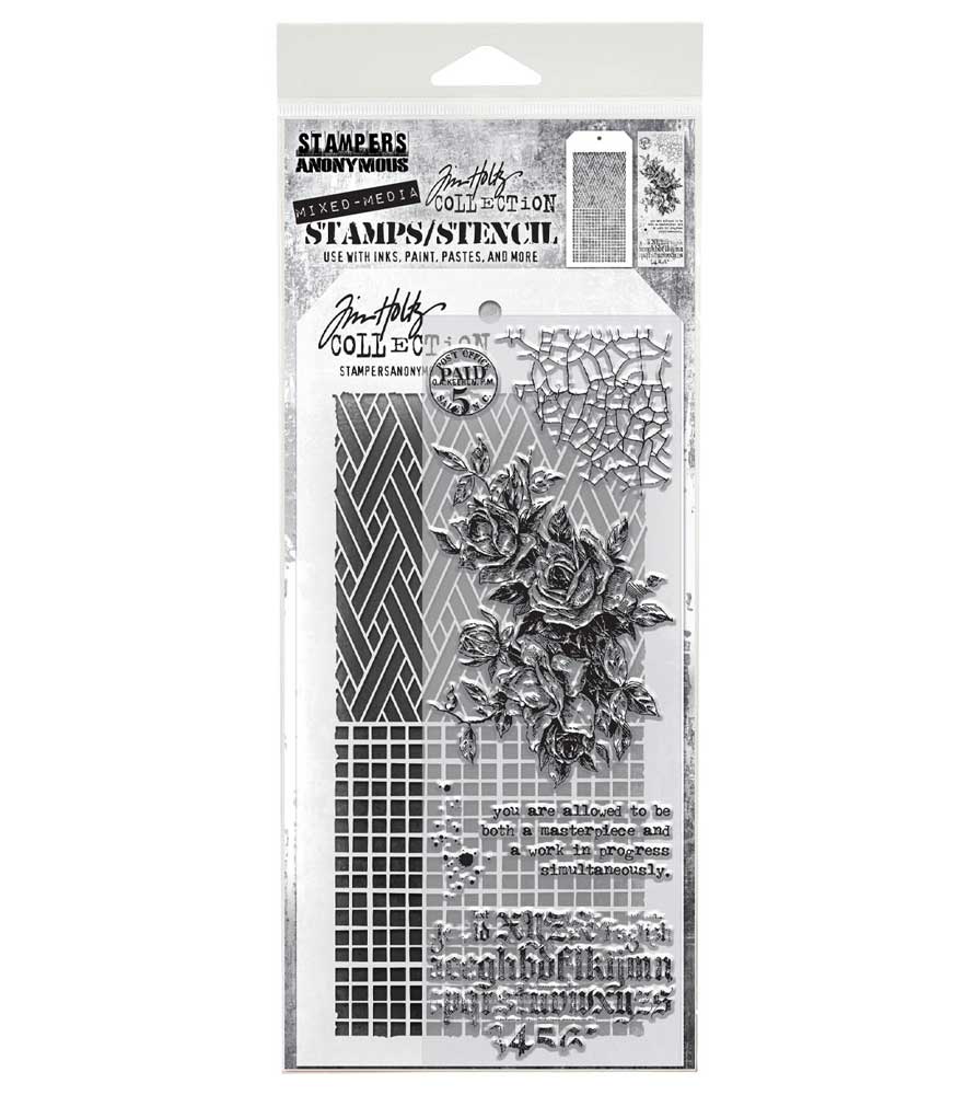 Stampers Anonymous / Tim Holtz Mixed Media Stamps & Stencil Set [THMM119] - Joggles.com